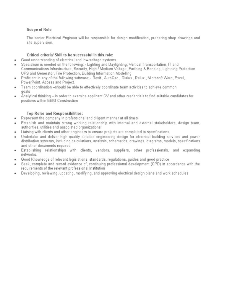 Scope of Role Sen Electrical Engineer | PDF | Technology & Engineering