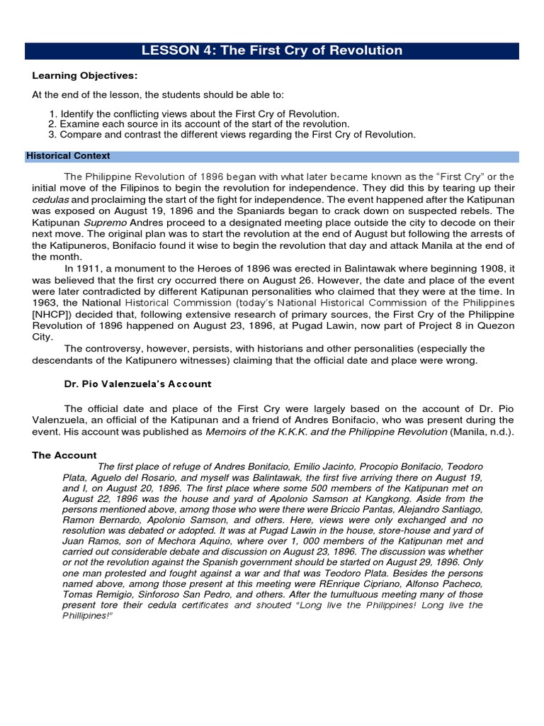 RIPH LESSON 4 The First Cry of Revolution | PDF | Philippines | Wars Of Independence