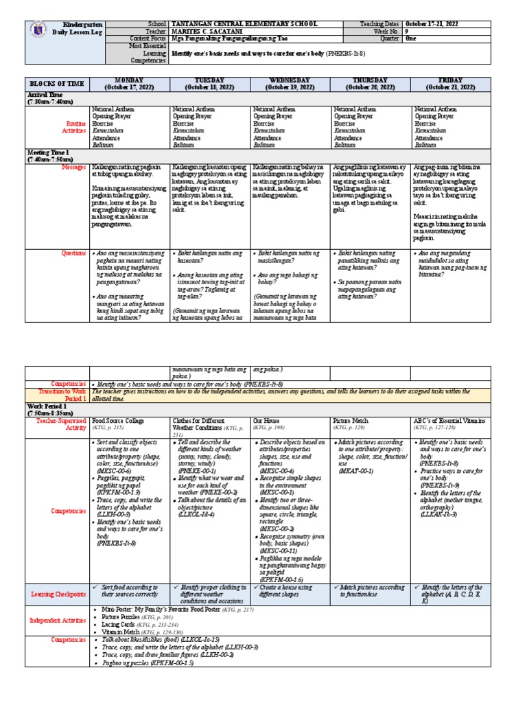Kindergarten DLL MELC Q1 Week 9 Asf | PDF