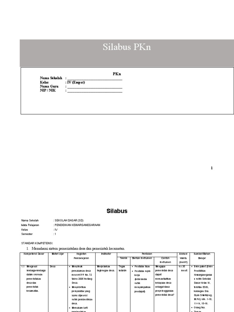 Silabus PKN SD MI KELAS 4 Silabus RPP | PDF
