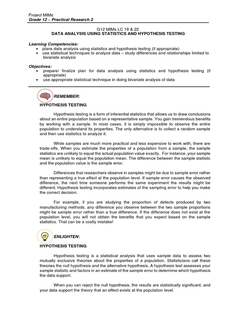 Q2 Module 5 - Data Analysis Using Statistics and Hypothesis Testing ... Q2 Module 5 - Data Analysis Using Statistics and Hypothesis Testing ...