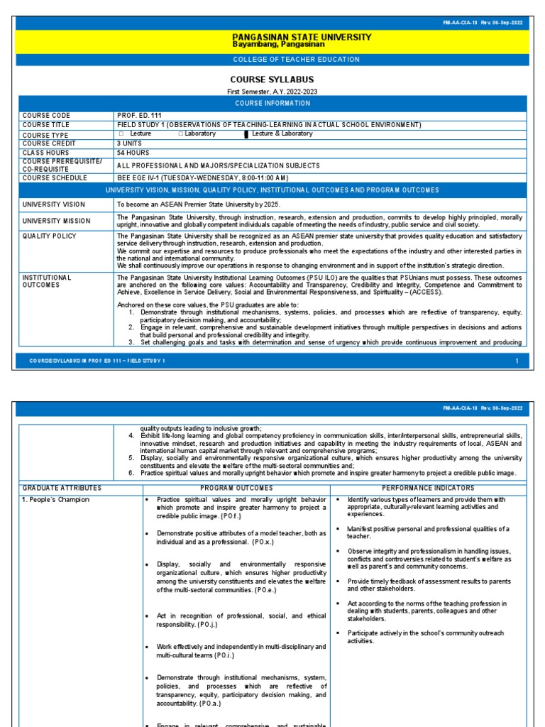 Prof Ed 111 Field Study 1 Course Syllabus Rev.01!2!2 | PDF | Teaching Method | Learning