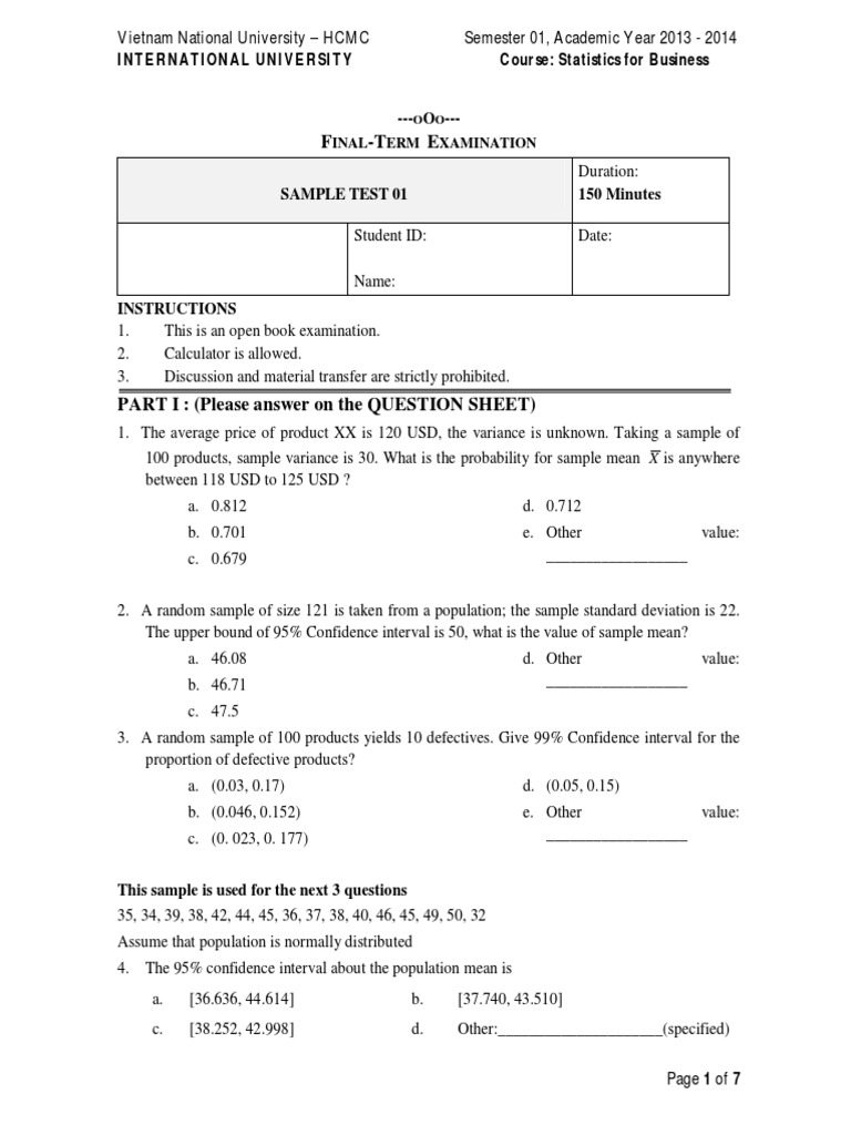 Statistics Fall2013 - Final Sample Test 01 | PDF | Statistical ...