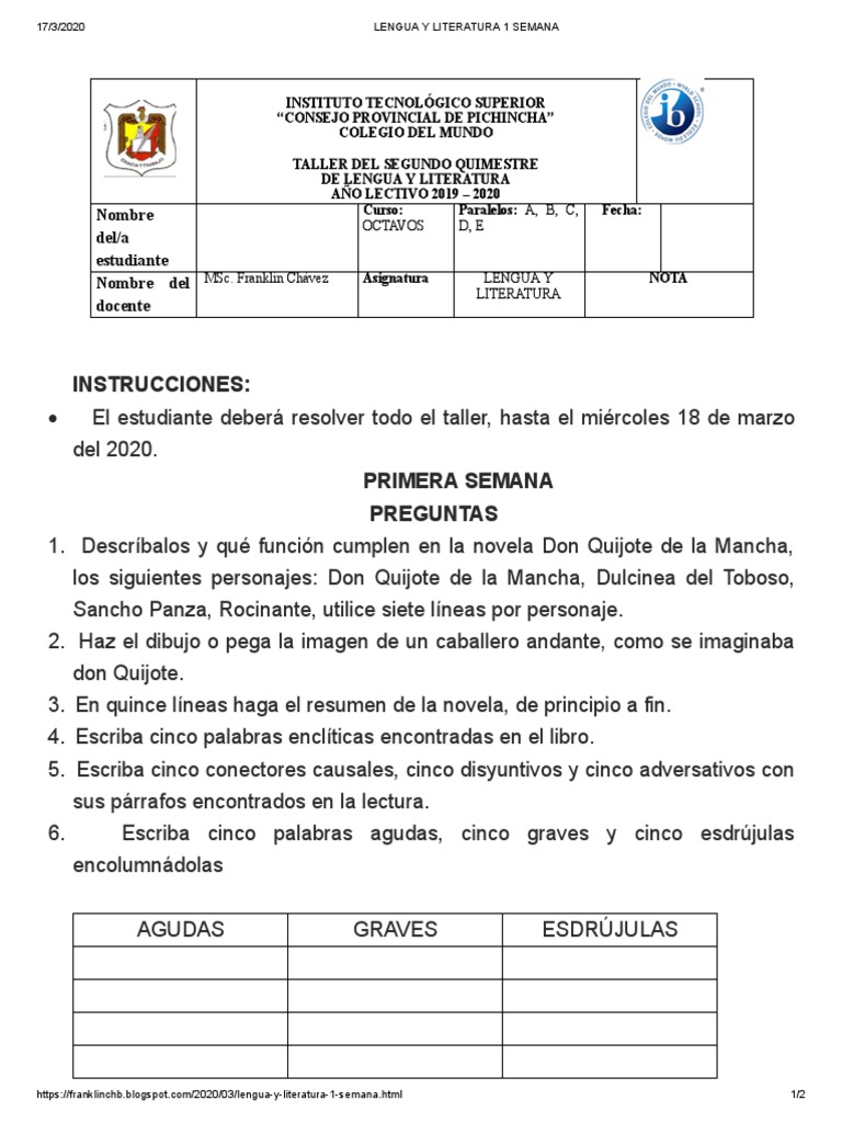 Lengua y Literatura 1 Semana | PDF | Don Quijote | Don Quijote Personajes