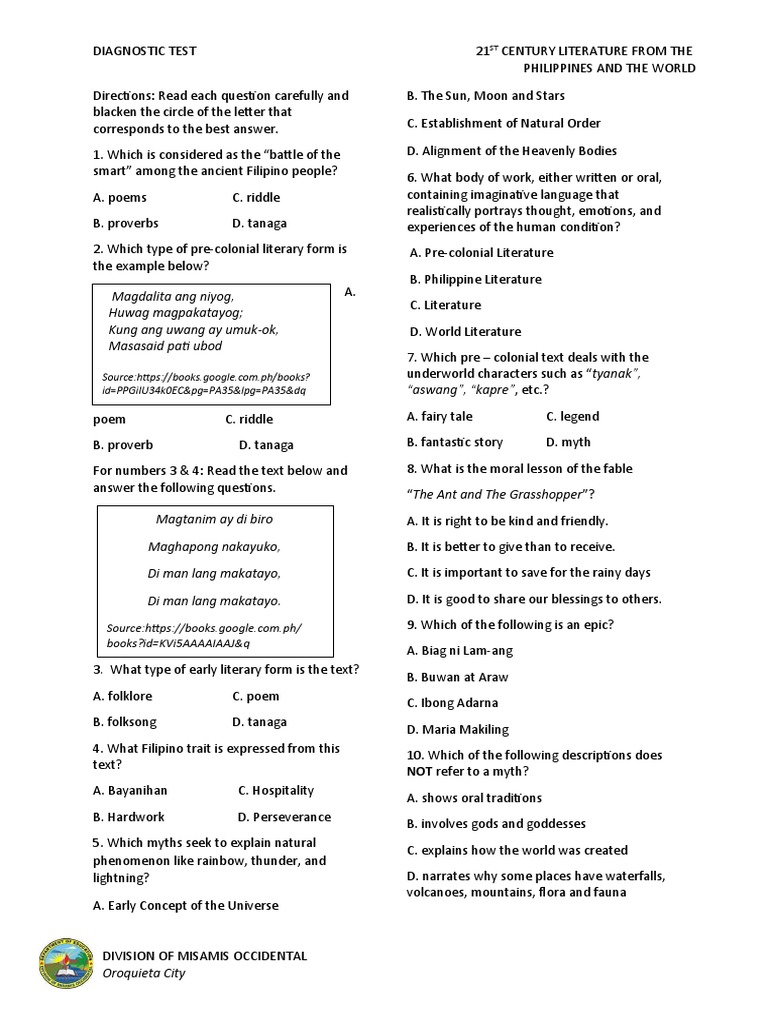 Grade 11 21st Century Literature Test | PDF | Novels | Poetry