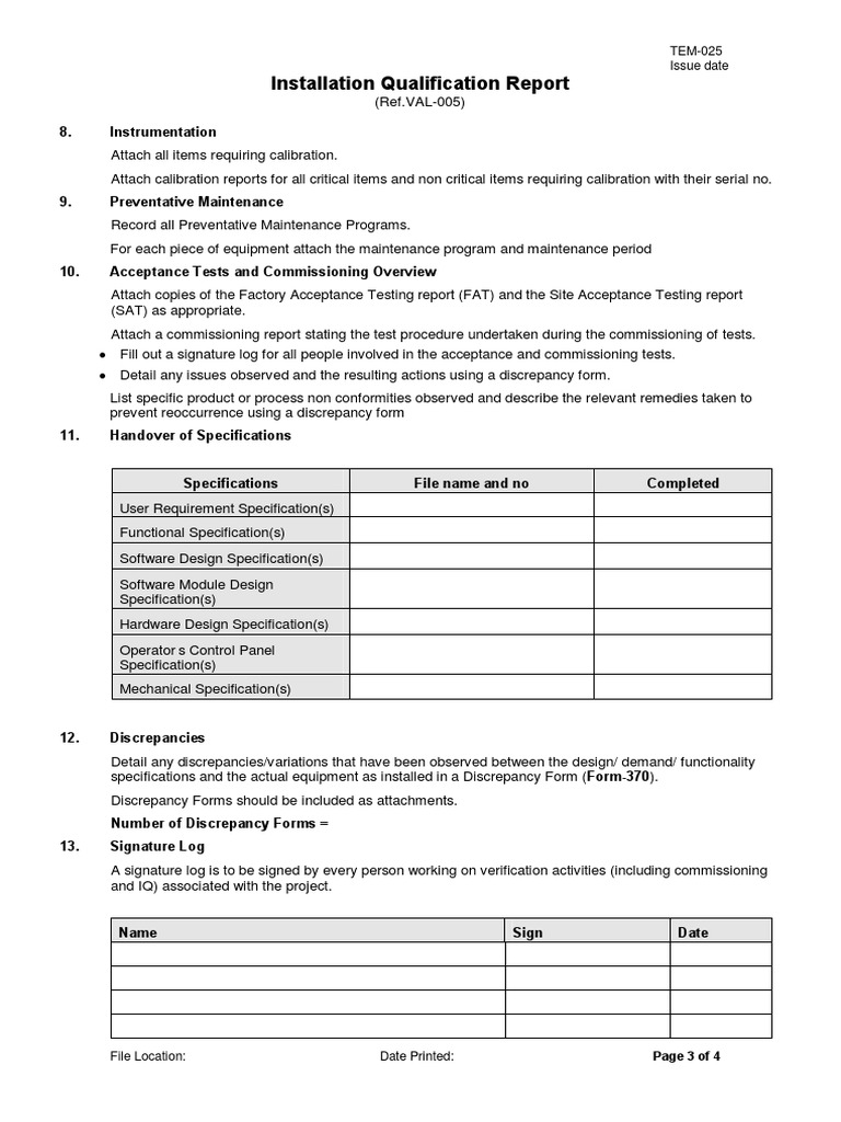 TEM-025 Example Installation Qualification Report Sample | PDF | Specification (Technical ...