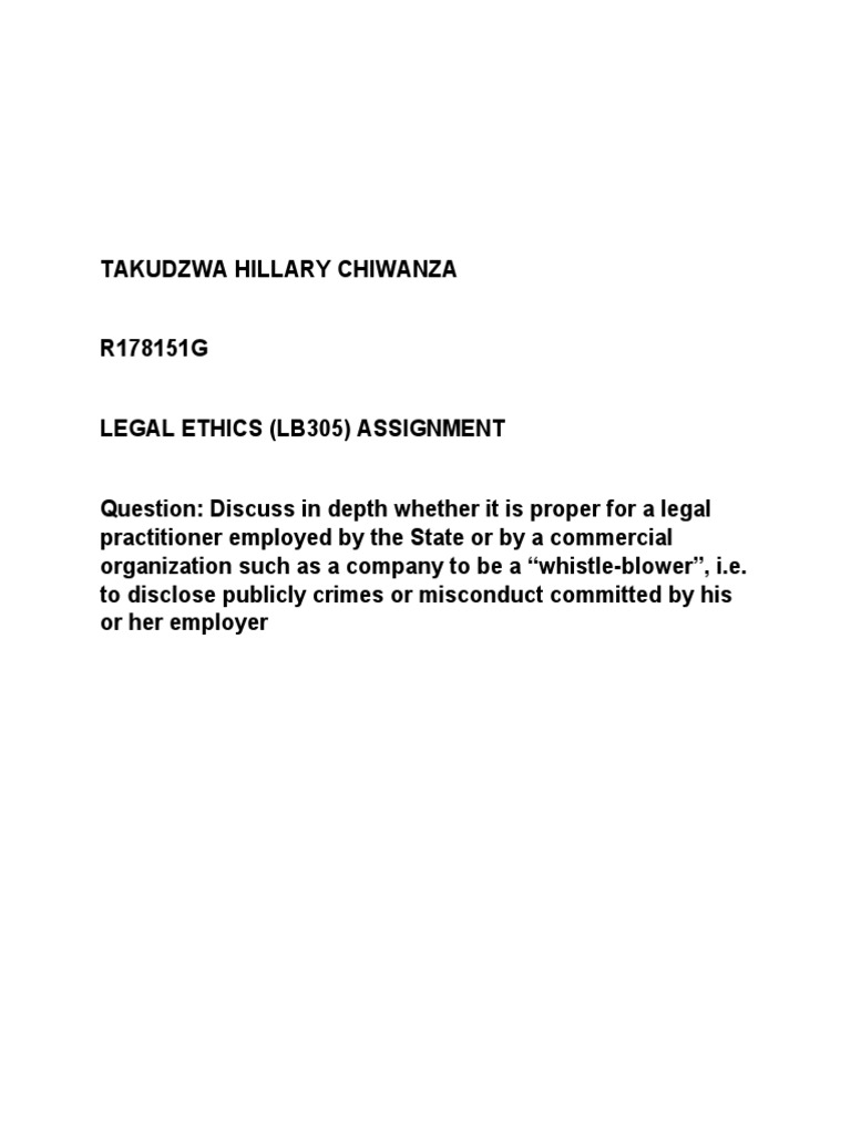 Legal Ethics Assignment | PDF | Whistleblower | Confidentiality