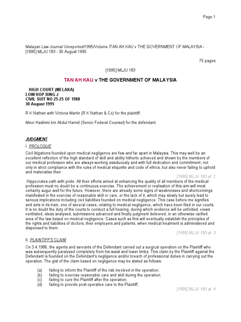 Tan Ah Kau V The Government of Malaysia - (2 | PDF | Pathology | Negligence