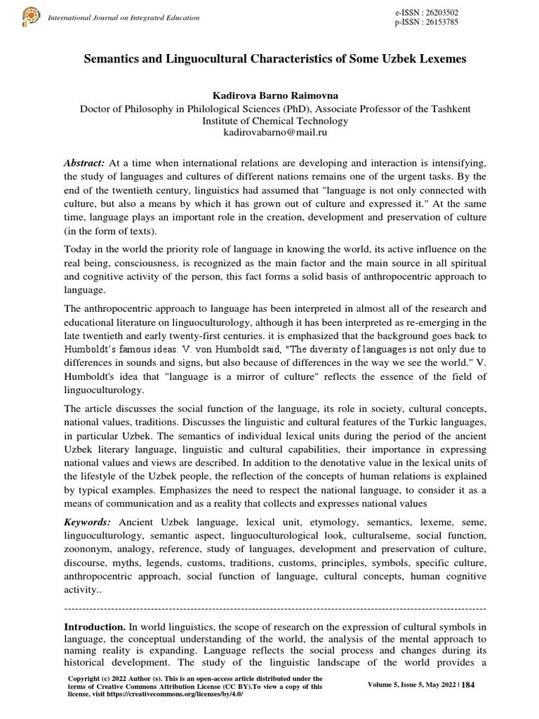 Semantics and Linguocultural Characteristics of Some Uzbek Lexemes | PDF | Linguistics | Lexicon