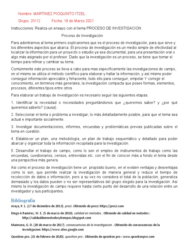 Proceso de La Investigacion ENSAYO - Martinez Pioquinto Itzel | PDF ... Proceso de La Investigacion ENSAYO - Martinez Pioquinto Itzel | PDF ...