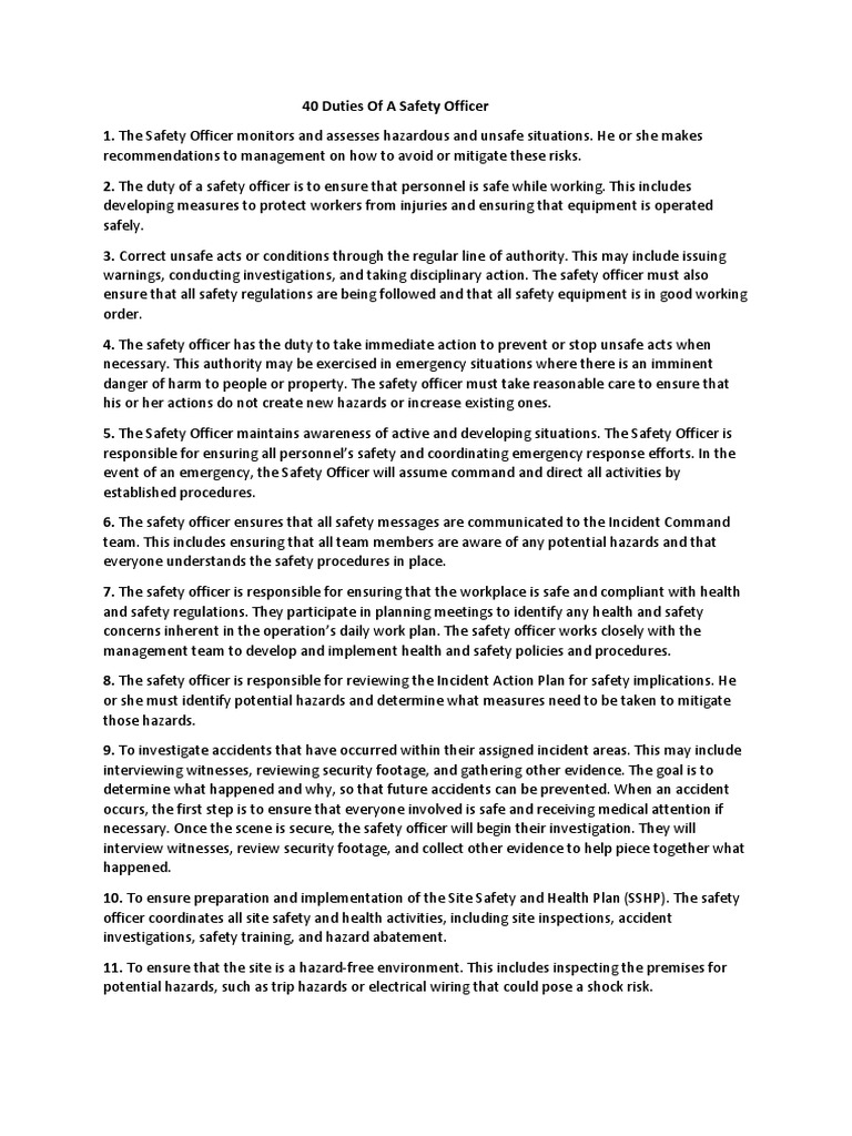 Safety Officer Duties and Responsibilities | PDF | Occupational Safety ...