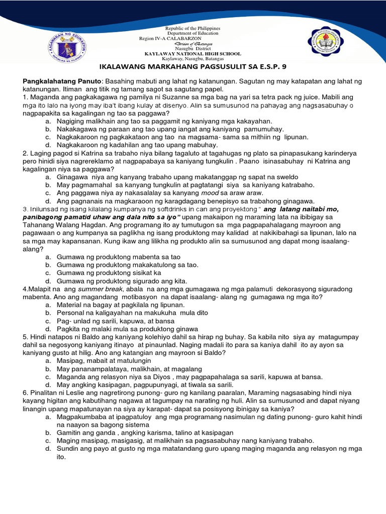 2nd Grading ESP 9 Exam | PDF