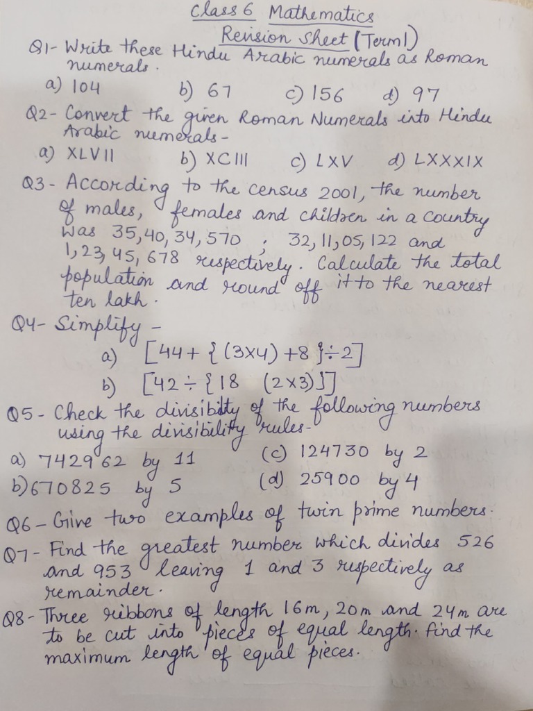 Mathematics Revision Test Term 1 - Class 6 | PDF