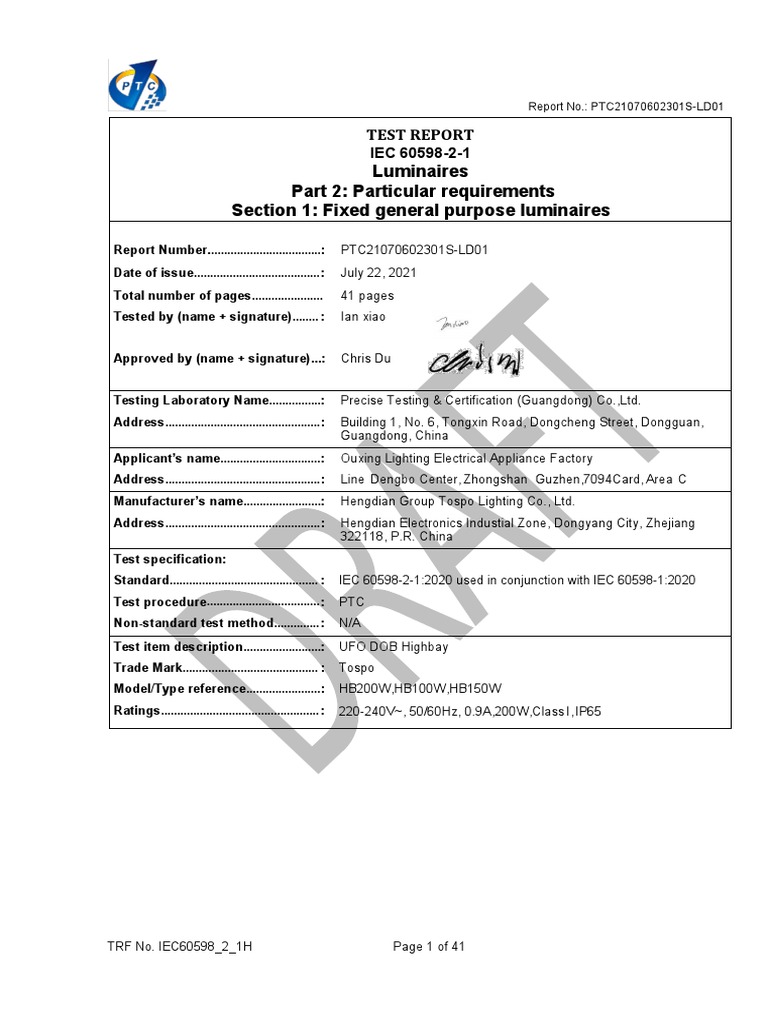 IEC 60598-2-1 Test Report for UFO DOB | PDF | Ac Power Plugs And ...