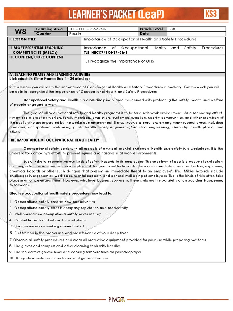 Q4 HE Cookery 7 - 8 Week8 | PDF | Occupational Safety And Health | Safety
