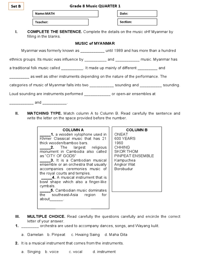 Summative Test Music 8 Quarter 1 | PDF | Cambodia | Musical Instruments