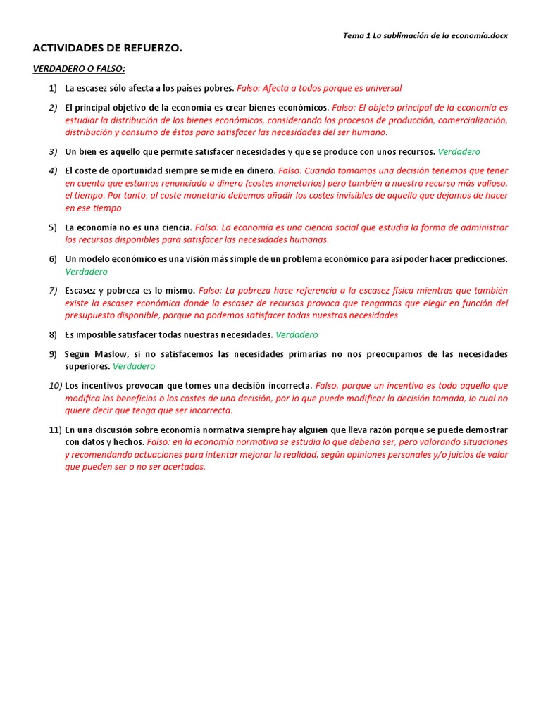 Tema 1 La Sublimación de La Economía-Cuestiones de Verdadero o Falso ...