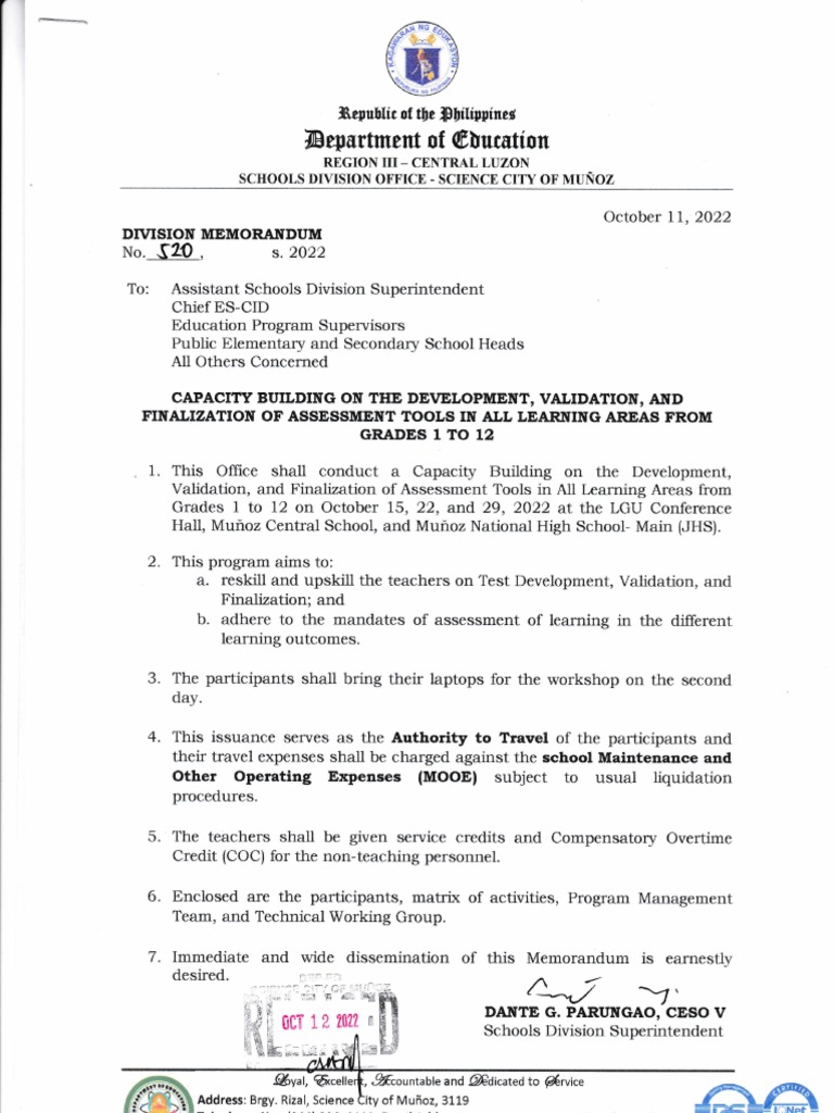 DM No. 520 S. 2022 CAPACITY BUILDING ON THE DEVELOPMENT VALIDATION AND ...