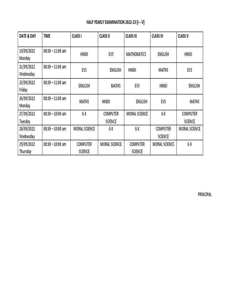 Half Yearly Examination 2022-23 (I - V) Date & Day Time Class I Class ...
