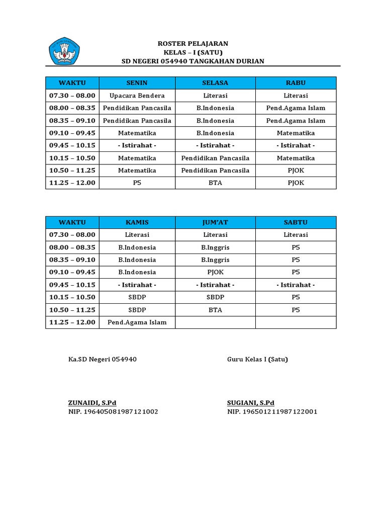 ROSTER PELAJARAN Bu Sugiani | PDF