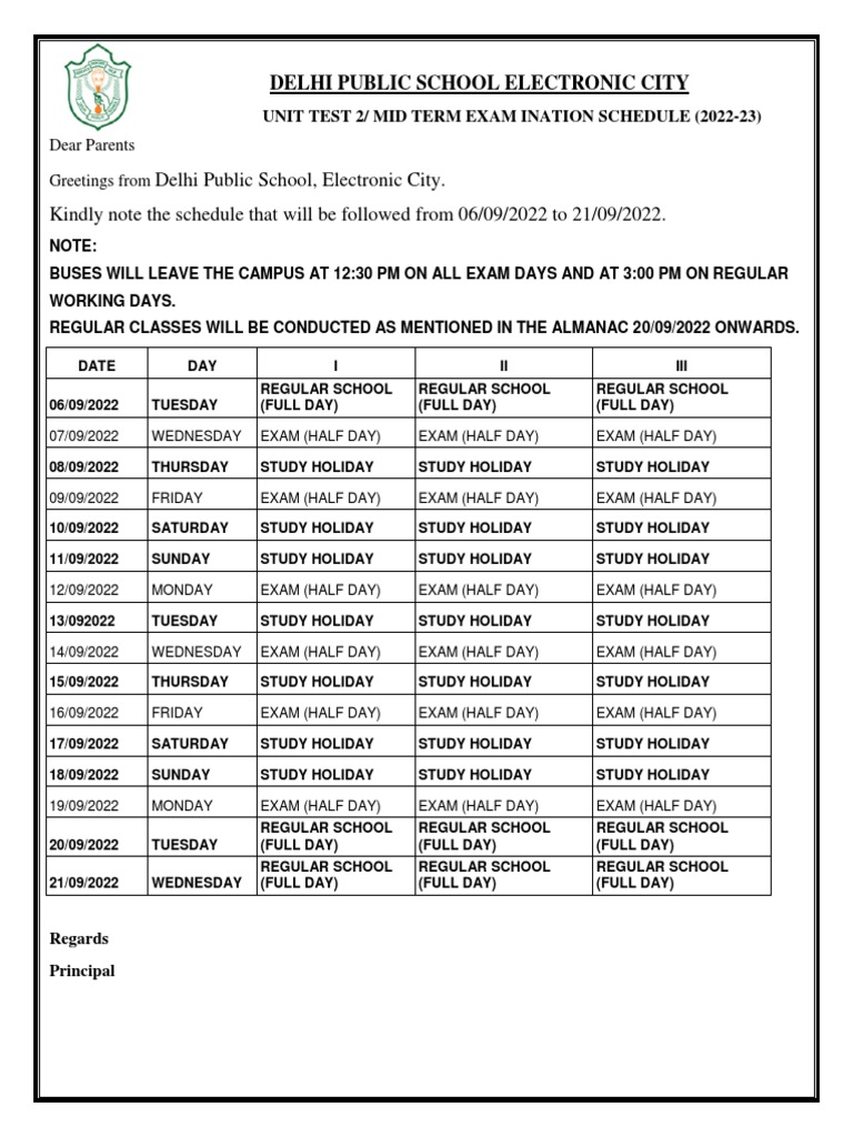 Delhi Public School, Electronic City. Kindly Note The Schedule That ...
