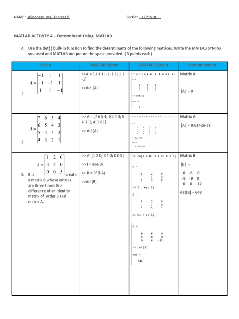 Alindogan - Matlab Activity 4-2 - 2062362647 | PDF | Matrix (Mathematics) | Determinant