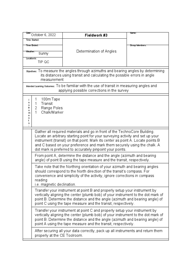 Surveying - Fieldwork 3 - Determination of Angles | PDF | Compass | Surveying