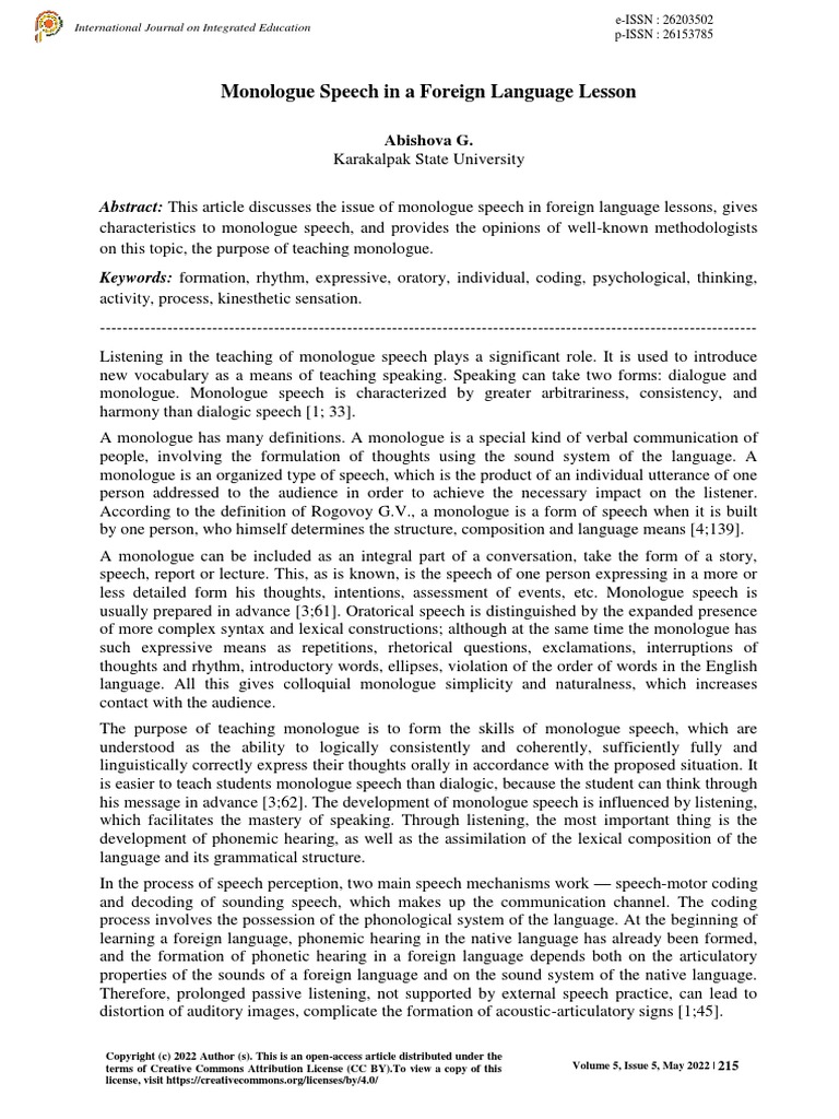 Monologue Speech in A Foreign Language Lesson | PDF | Speech | Thought