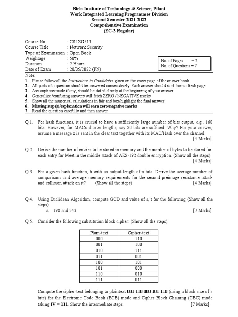 Csi ZG513 Ec-3r Second Sem 2021-2022 | PDF | Security Engineering | Cryptography