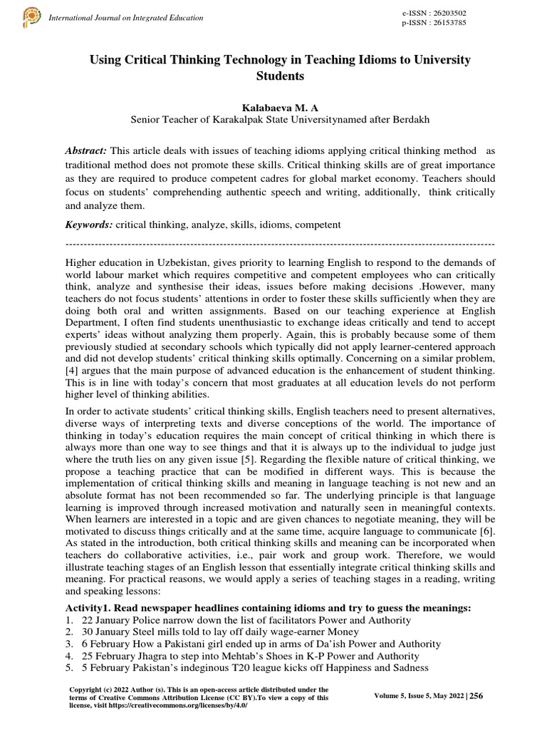 Using Critical Thinking Technology in Teaching Idioms To University ...