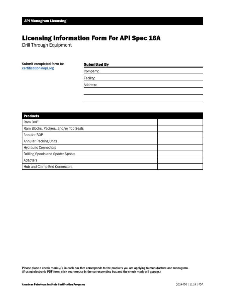 API 16A Licensing Information Form 20191122 | PDF