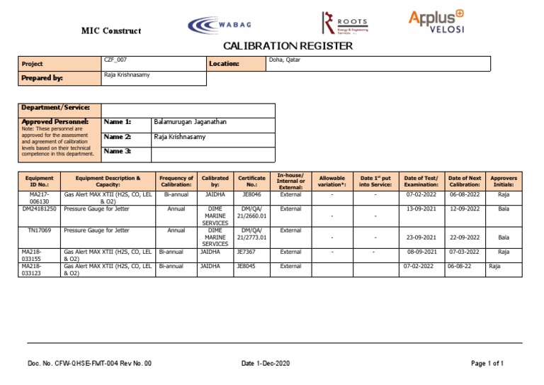CFW QHSE FMT 004 Calibration Register | PDF | Metrology | Gases