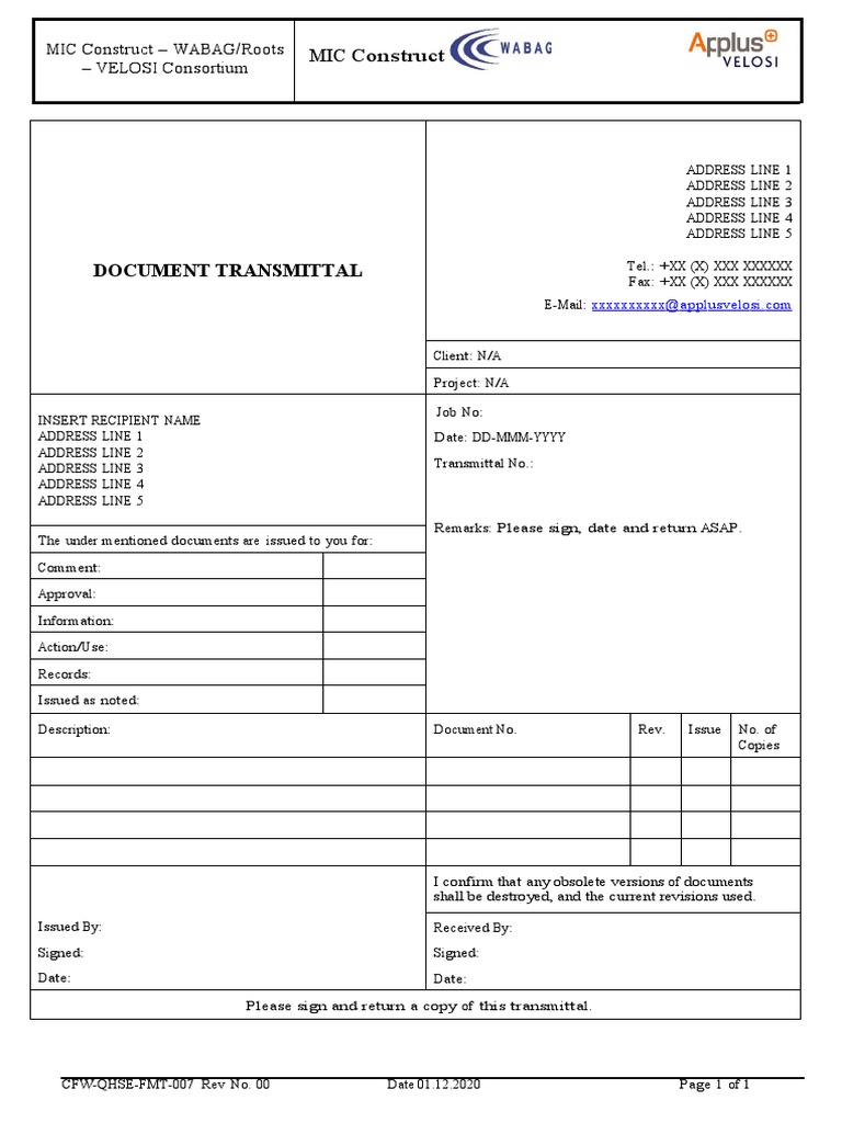 CFW Qhse FMT 007 Document Transmittal | PDF