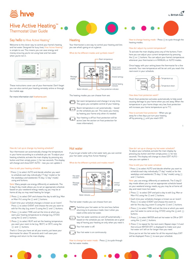 Hive 1 Thermostat User Guide | PDF | Water Heating | Thermostat