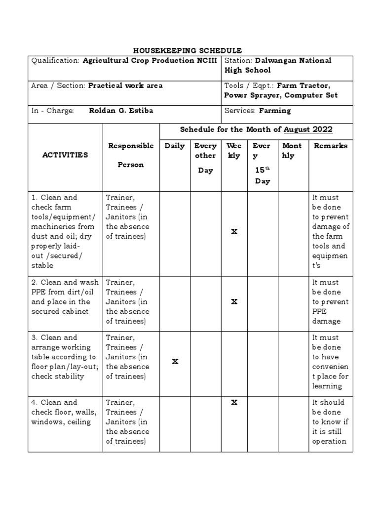 House Keeping Schedule | PDF