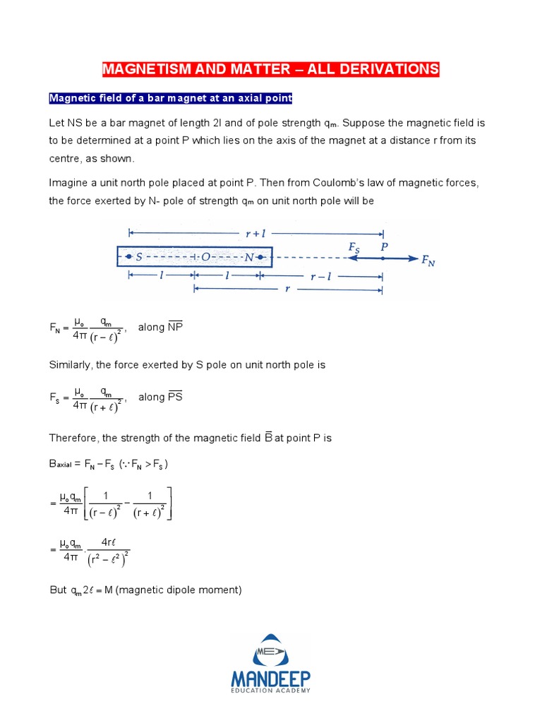 Magnetism and Matter All Derivations | PDF | Torque | Dipole