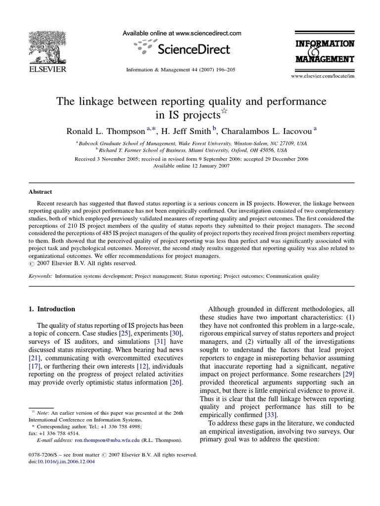 Reporting Quality Linked to IS Project Outcomes | PDF | Survey Methodology | Sampling (Statistics)