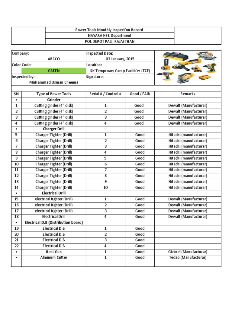 Power Tools Inspection Record - January 2015 | PDF | Metalworking ...