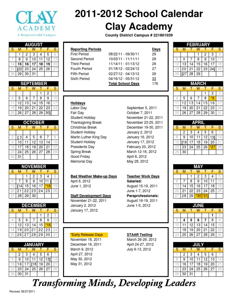 Clay Academy 2011-2012 Calendar | PDF