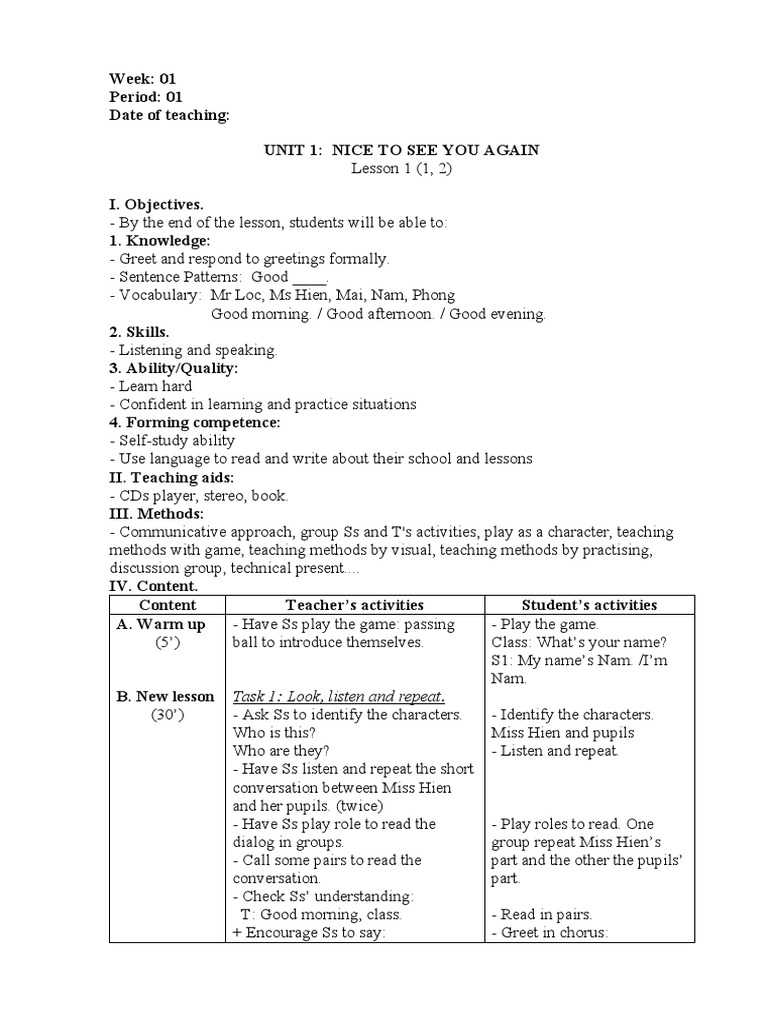 Giáo Án Tiếng Anh Lớp 4 BGD Cv 2345 Week 1 | PDF | Teaching Method | Reading Comprehension