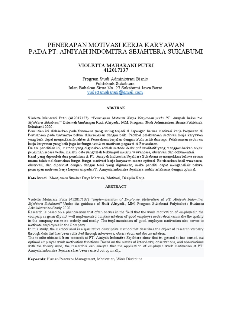 Penerapan Motivasi Kerja di PT Ainiyah | PDF
