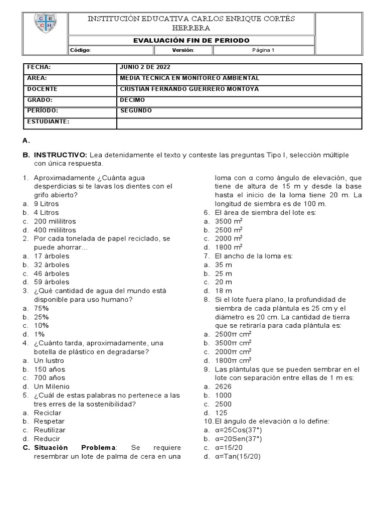 Examen Fin de Periodo Media Técnica Grado 10 | PDF | Litro