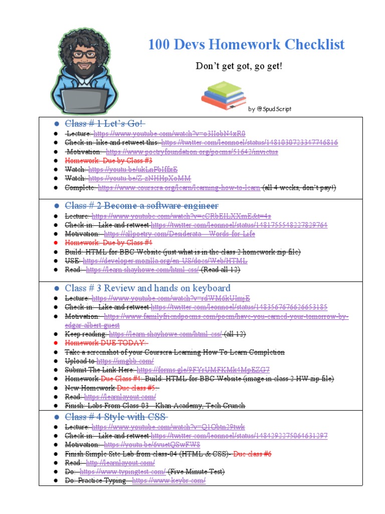 100 Devs Homework Checklist | PDF
