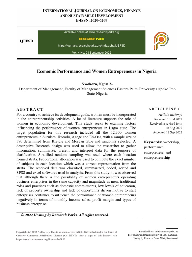 Economic Performance and Women Entrepreneurs in Nigeria | Download Free PDF | Sampling ...
