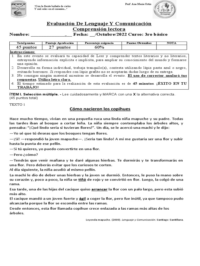 Evaluación Comprensión Lectora 3° | PDF | Chile