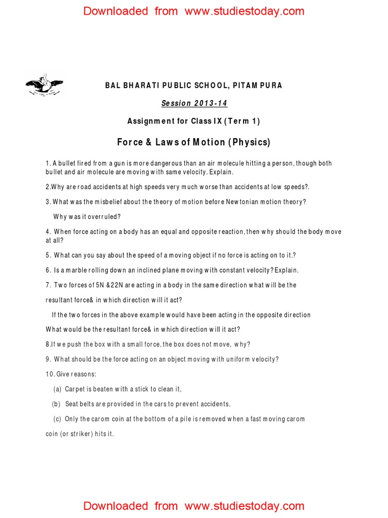 CBSE Class 9 Physics Force And Laws Of Motion Worksheet Set D | PDF | Force | Newton's Laws Of ...