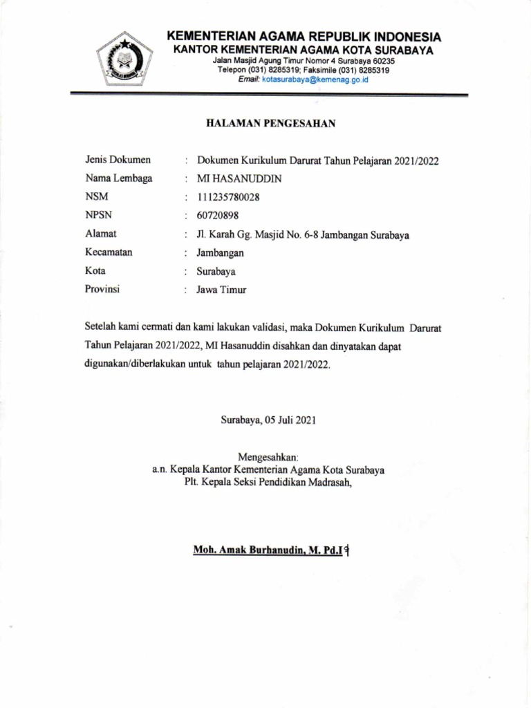 Hal Pengesahan Kurikulum 2021-2022 | PDF