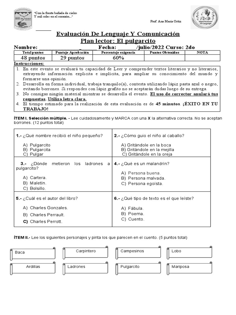 Lenguaje Evaluación Sumativa El Pulgarcito | PDF | Estudios de idiomas ...