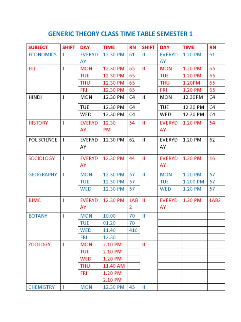 Generic Time Table Semester 1 | PDF | Science