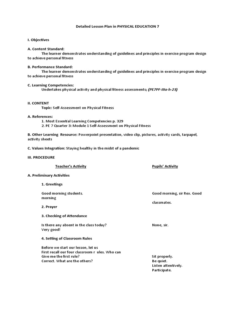 Detailed Lesson Plan in PE 7 | PDF | Physical Fitness | Health Sciences